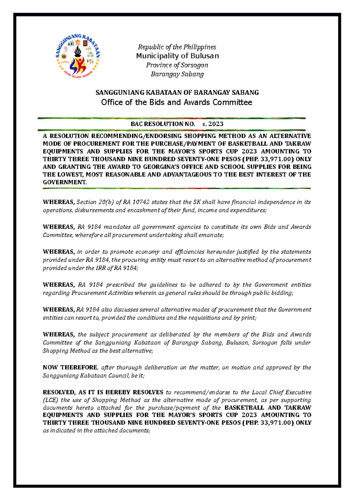 BAC RESOLUTION 2023: Procurement for Sports Supplies in Bulusan - Studocu