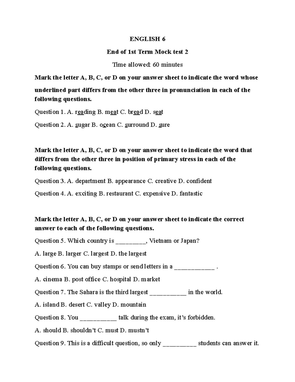 ENGLISH 6 End of 1st Term Mock Test 2 - Pronunciation & Stress - Studocu