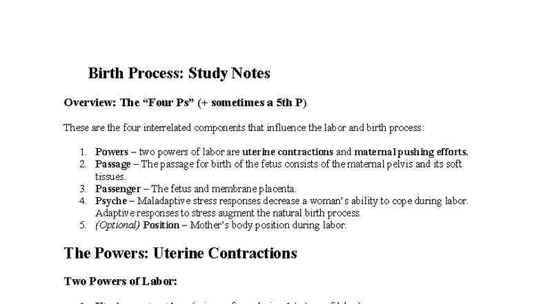 Birth Process (NURS 101): Study Notes on Labor Components - Studocu