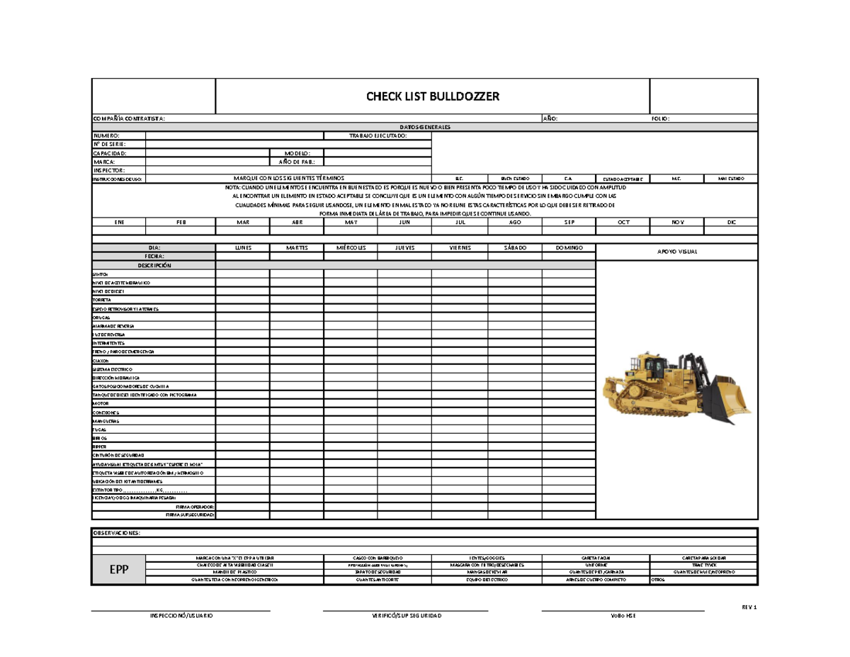CHECK LIST BULLDOZER - INSPECCIÓN Y SEGURIDAD - Studocu