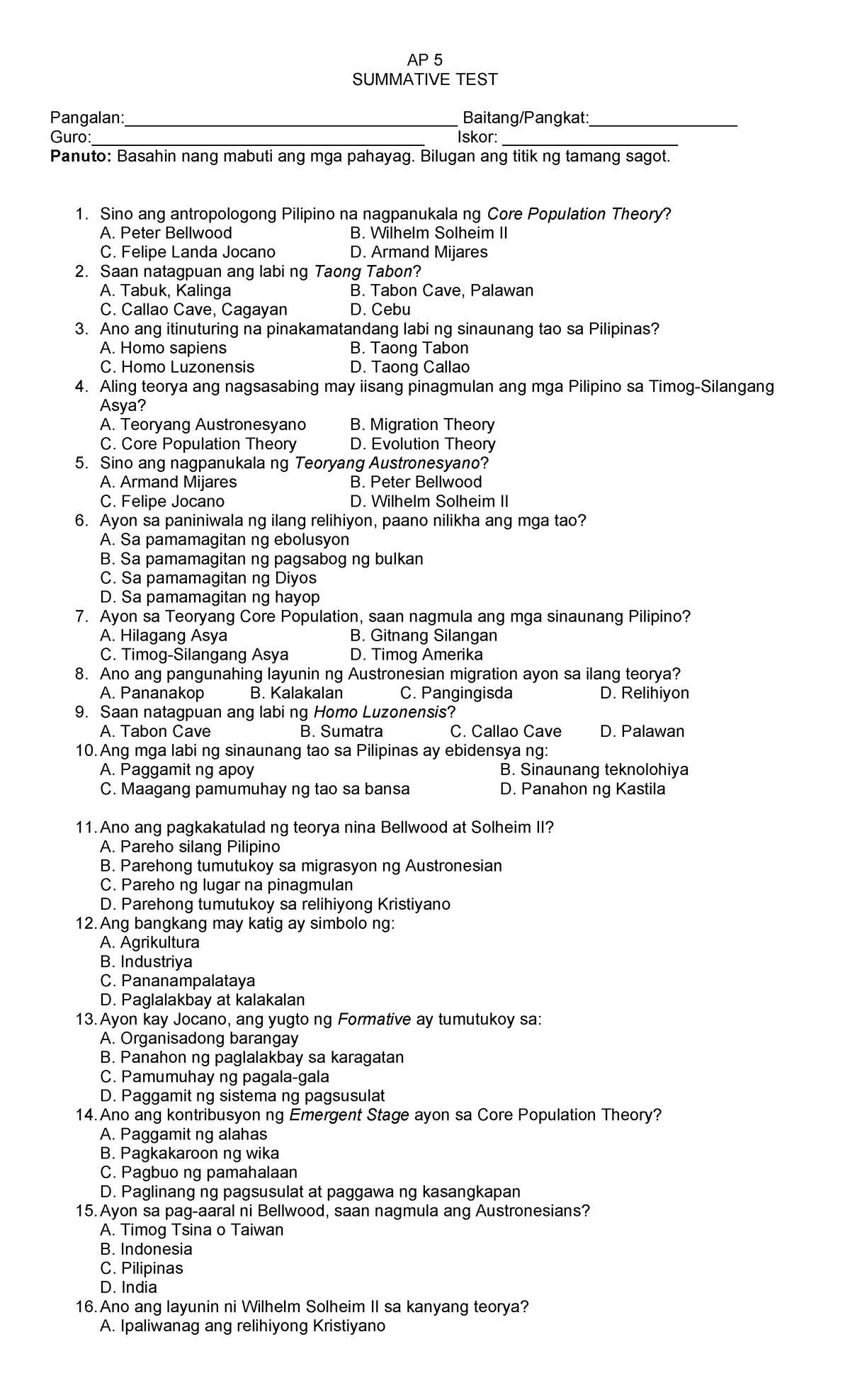 AP 5 SUMMATIVE TEST: Core Population Theory and Early Filipinos - Studocu