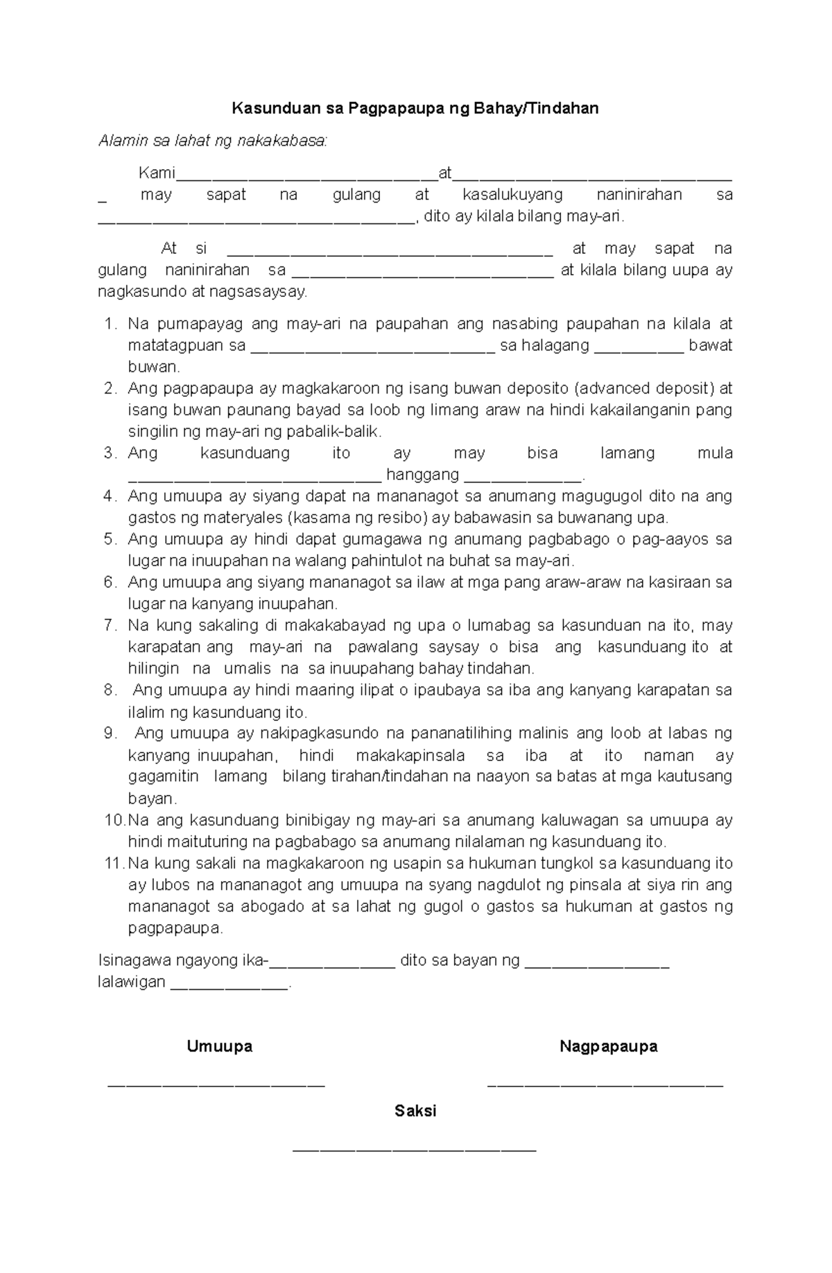Kasunduan sa Upa ng Tahanan/Tindahan - Rent Agreement - Studocu
