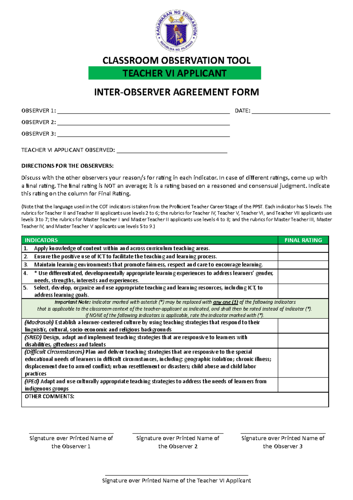 COT Inter-Observer Agreement Form for Teacher VI Applicants - Studocu