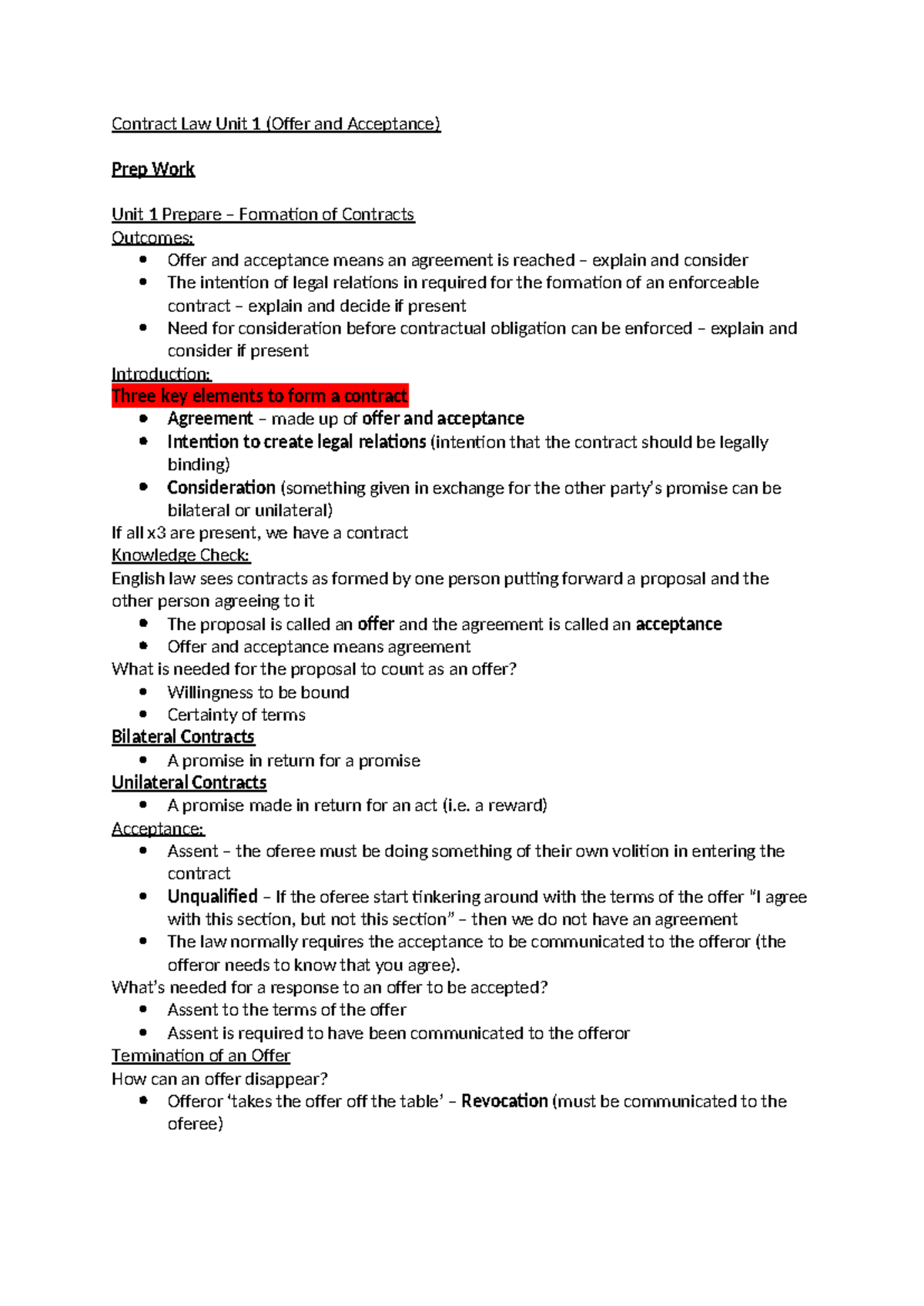 Contract Law Unit 1 Offer Acceptance And Formation Of Contracts