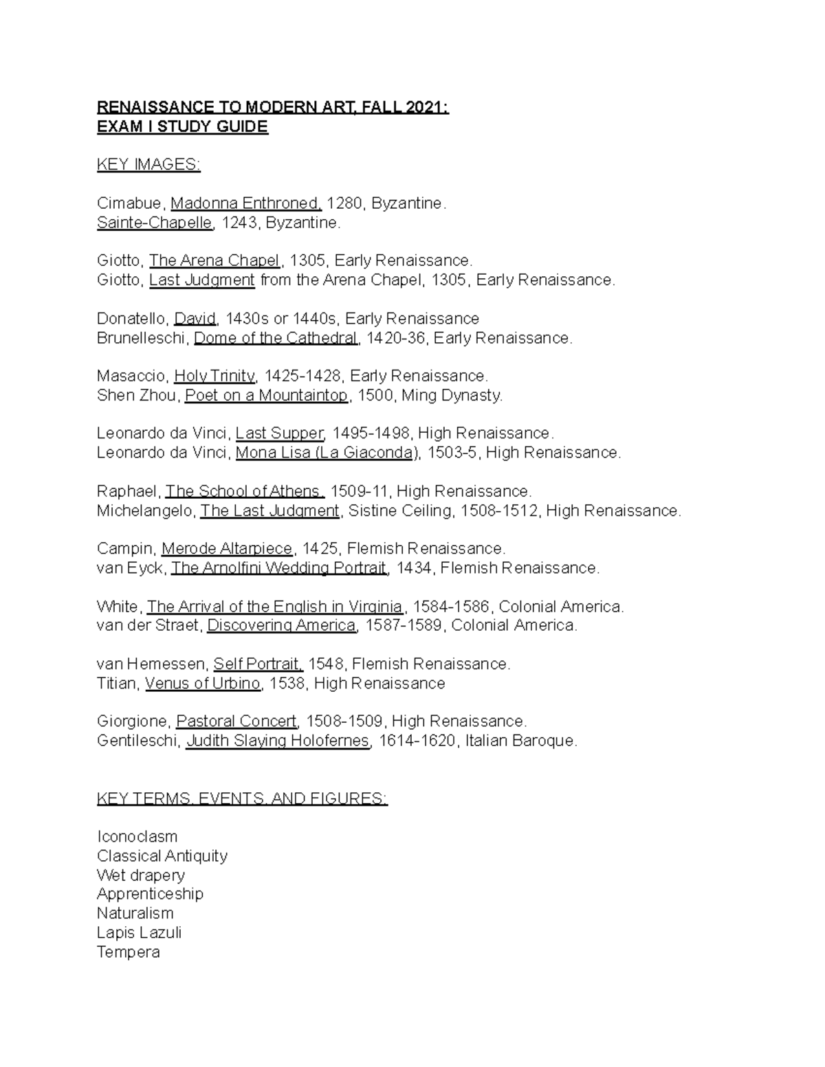 Renaissance Art Exam I Study Guide, Fall 2021 - Studocu