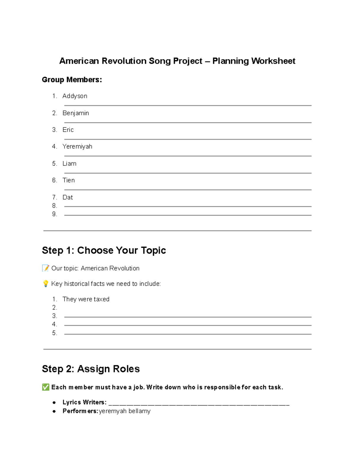 Copy of American Revolution Song Project – Planning Worksheet ...