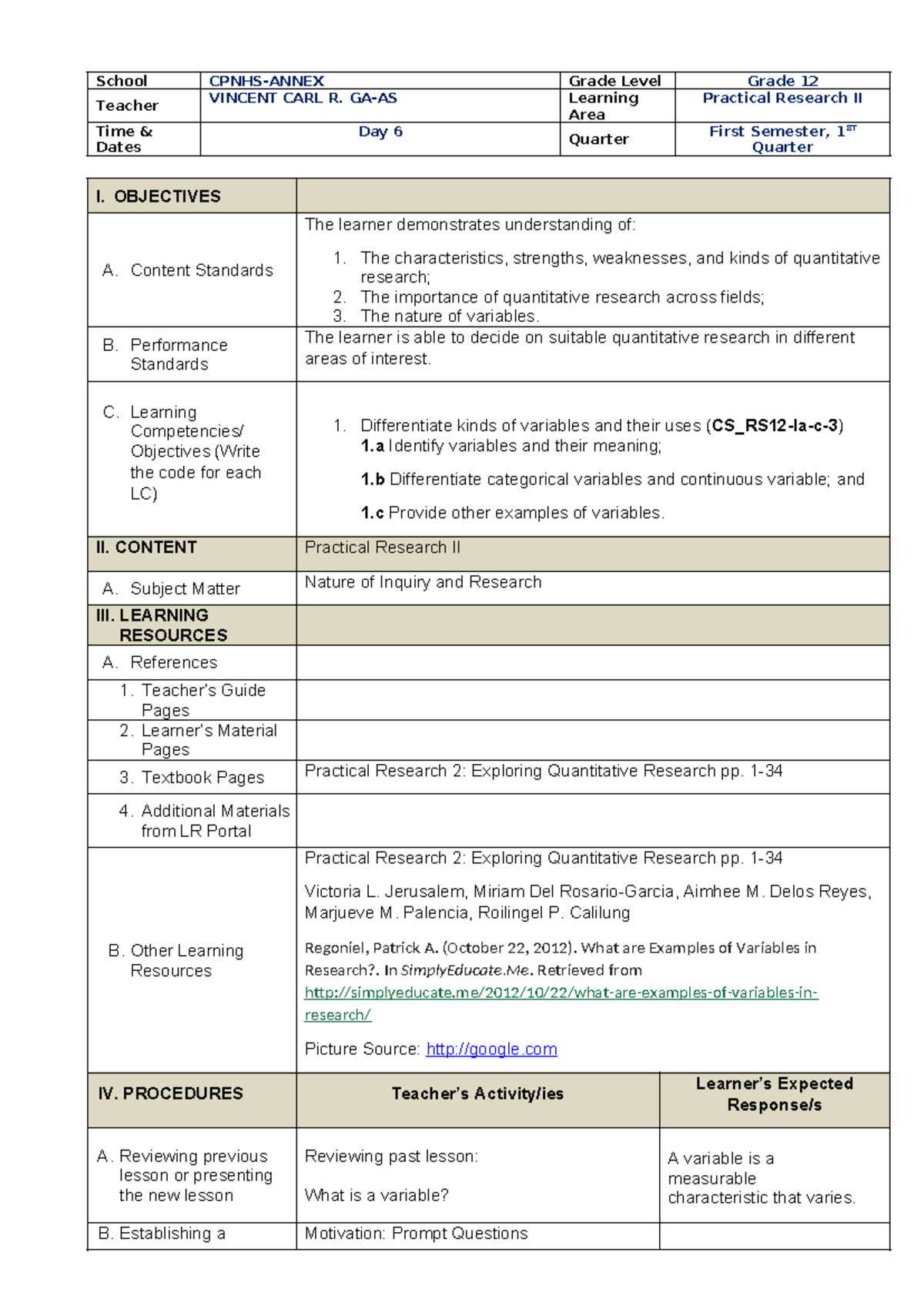 Grade 12 Practical Research II: Day 6 Lesson Plan on Variables - Studocu