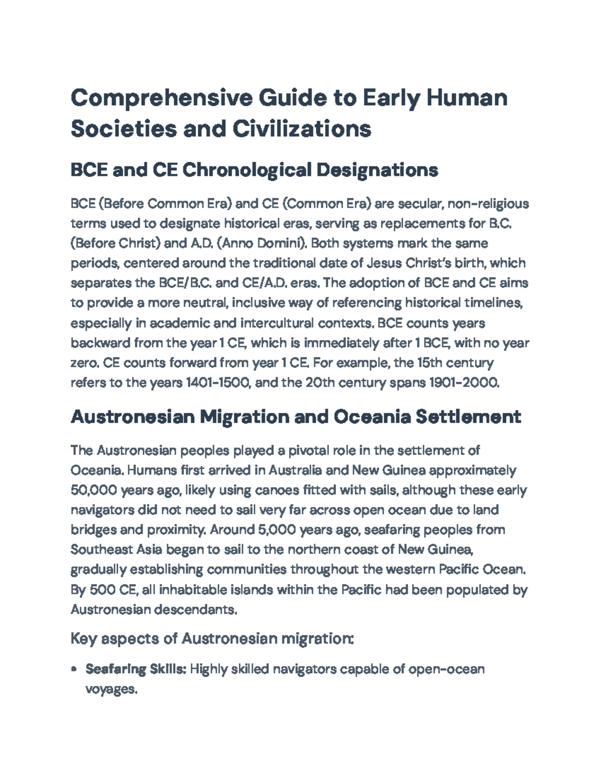 Comprehensive Overview of Early Human Societies and Civilizations (BCE ...