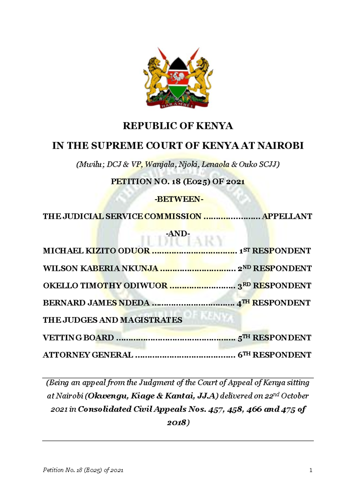 SC Petition 18 E025 of 2021: JSC v Michael Kizito Oduor et al ...
