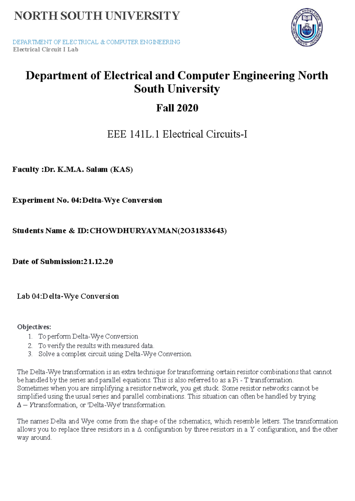 EEE141Lab4 Delta Wye - EEE141 Lab - DEPARTMENT OF ELECTRICAL & COMPUTER ...