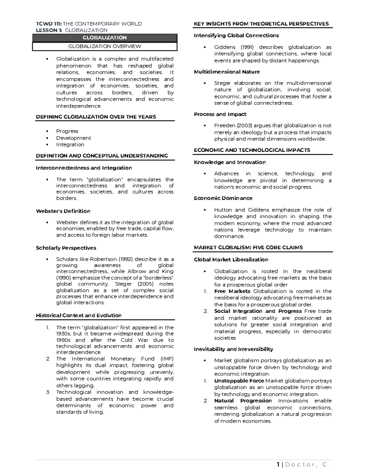 TCWD 111 Prelim Notes: Understanding Globalization and Its Impact - Studocu