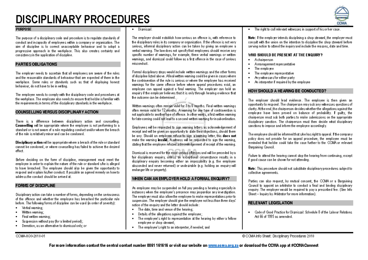 Disciplinary Procedures Overview - Info Sheet 2018 01 - Studocu