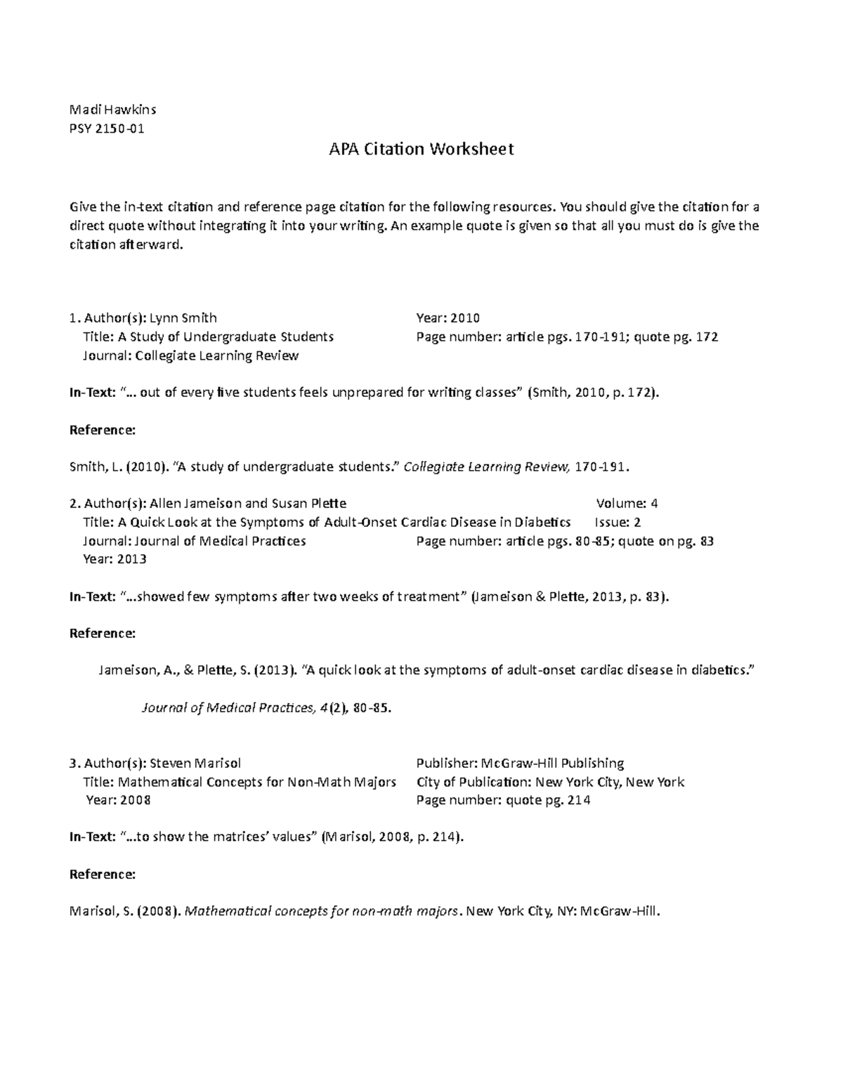 Apa Citation Worksheet 1, Madi Hawkins Psy 2150-01, Author(S): Lynn ...