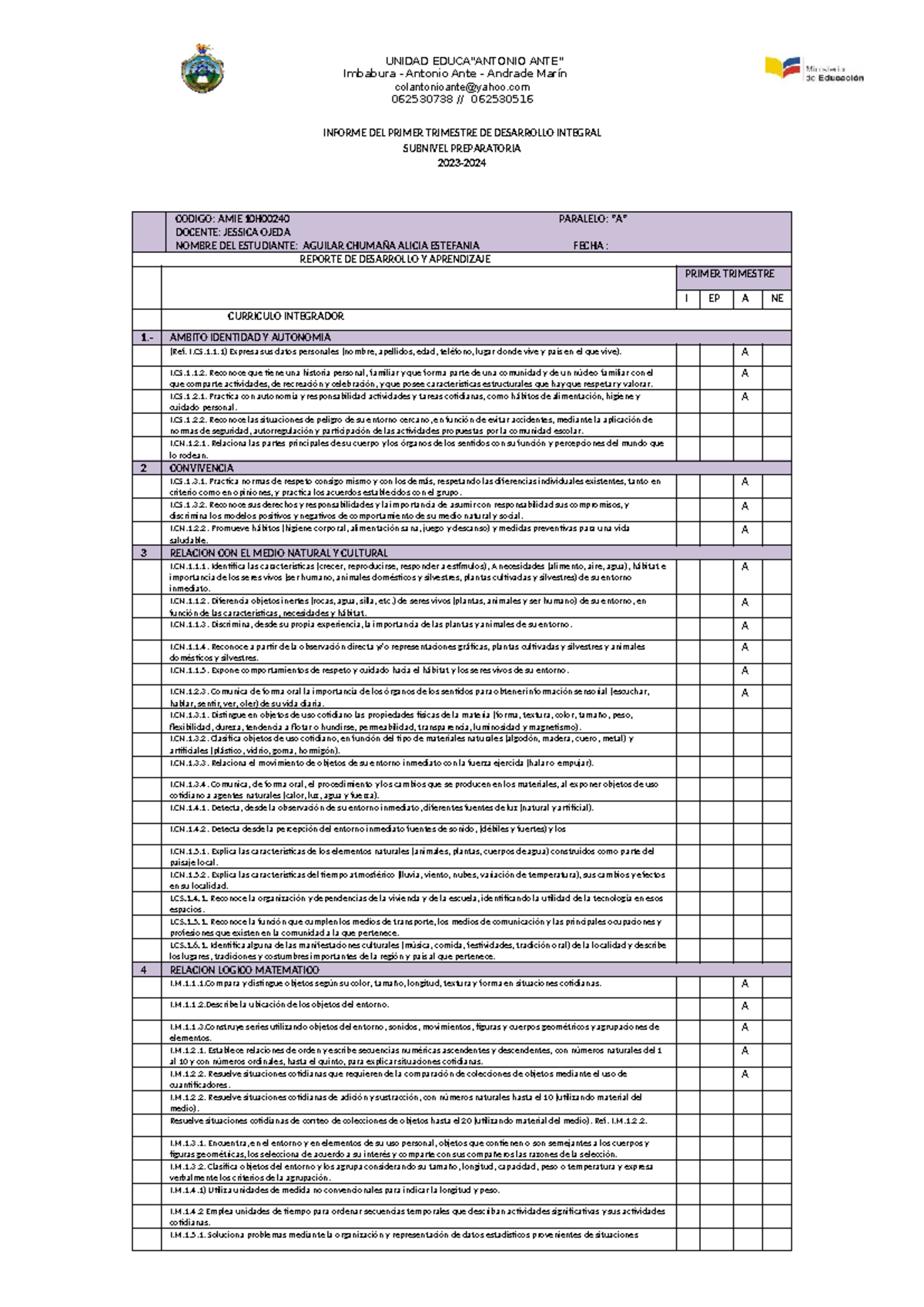 Informe de Destreza Integral - Primer Trimestre 2023-2024 (AMIE ...