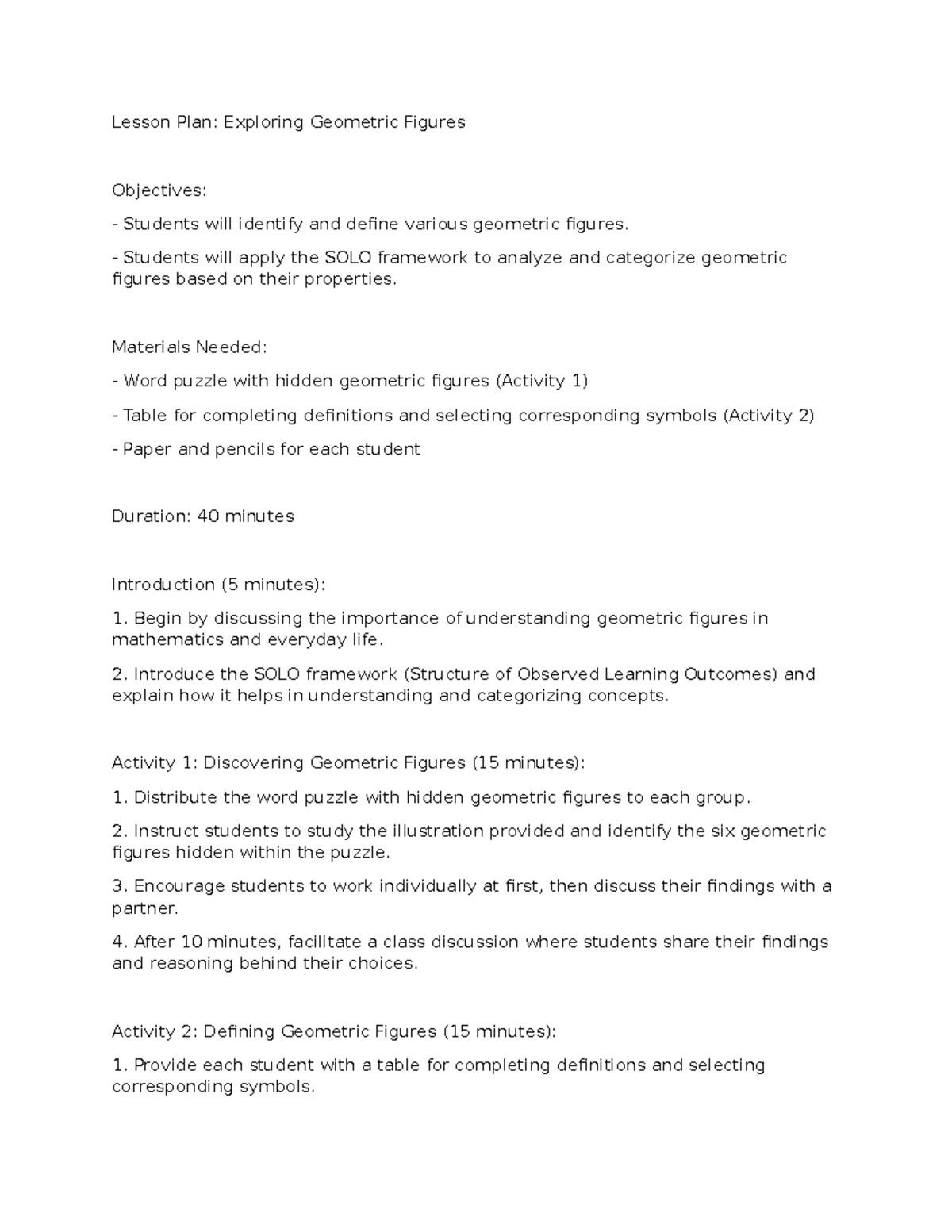 Lesson Plan: Basic Geometric Figures (Math 101) - Studocu