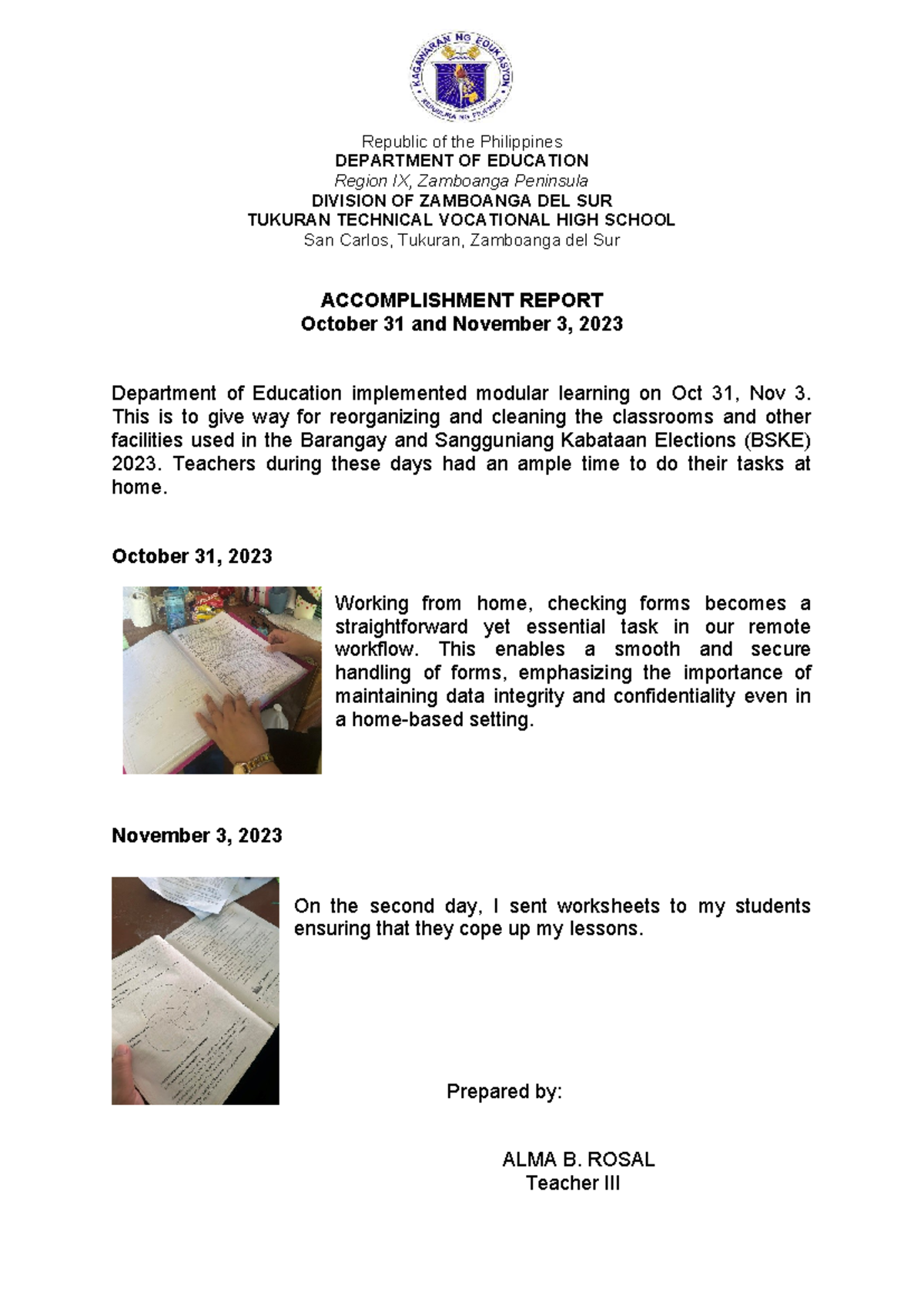 Accomplishment Report: Modular Learning Implementation (Oct 31 & Nov 3 ...