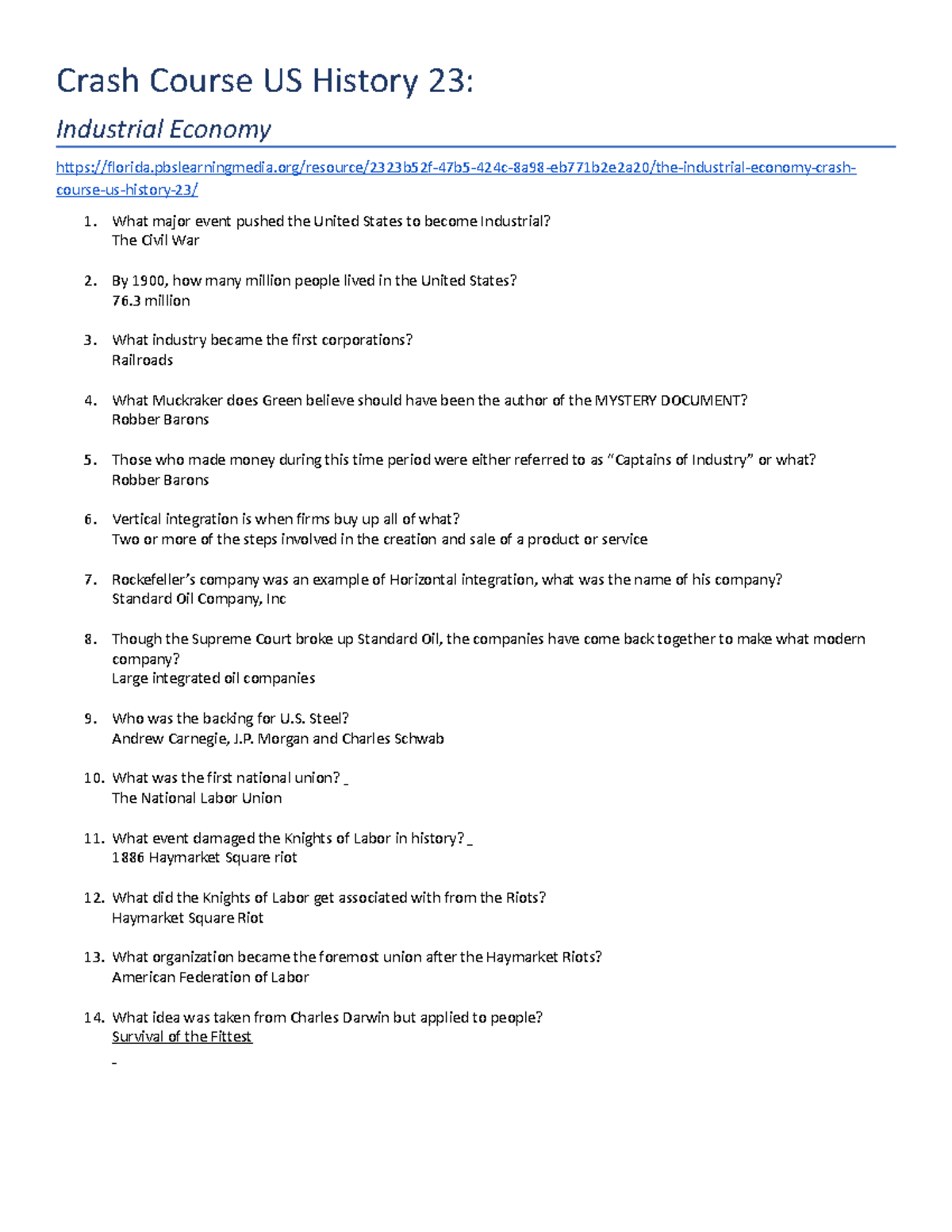 Industrial Economy Overview for US History Course #23 - Studocu