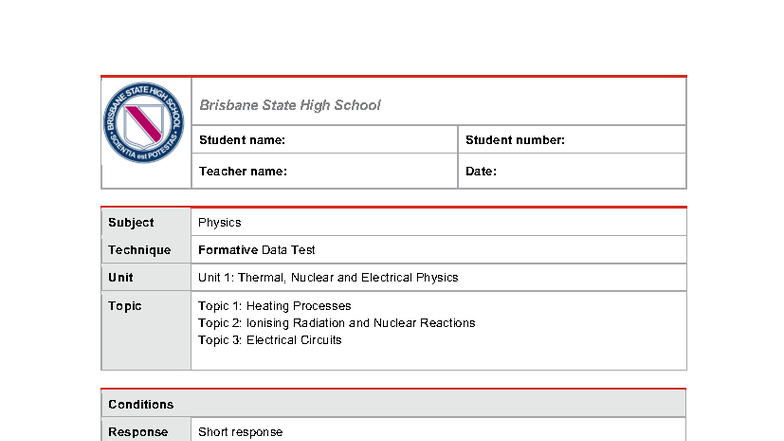 Formative Data Test in Physics 11: Thermal, Nuclear & Electrical 2025 ...