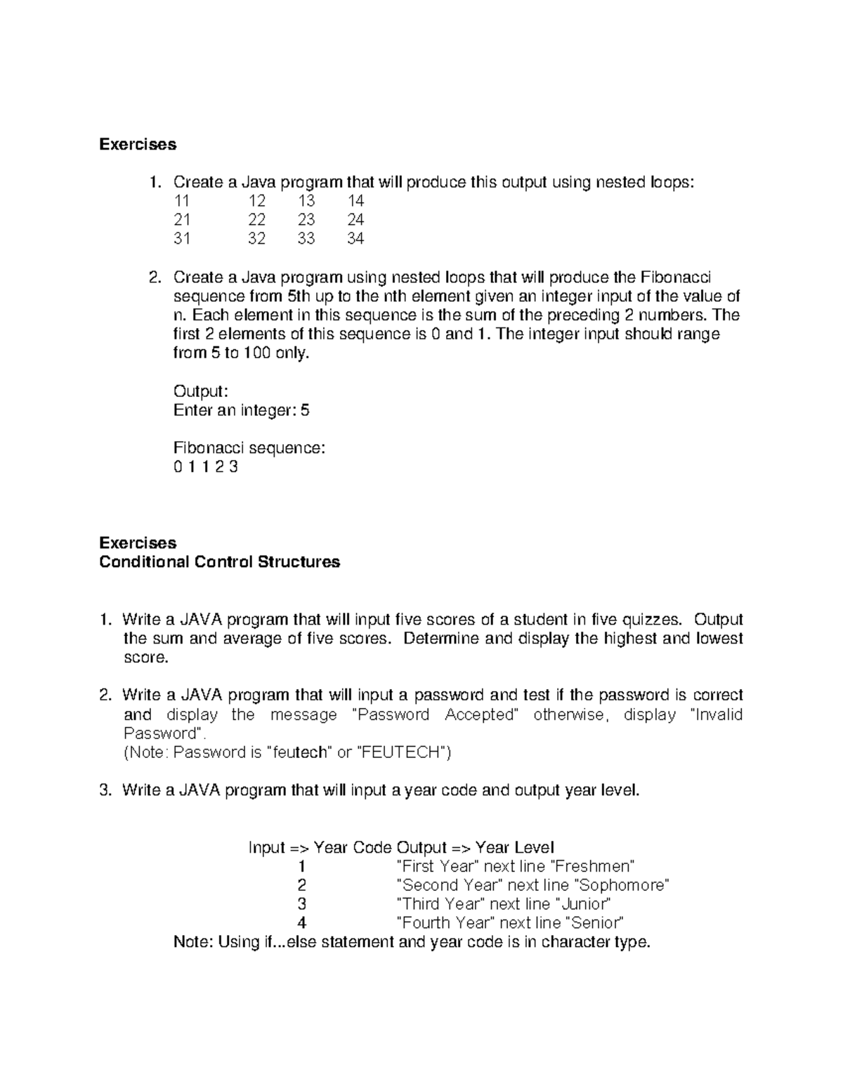 Control Structures Exercises for Java Programming - CS101 - Studocu