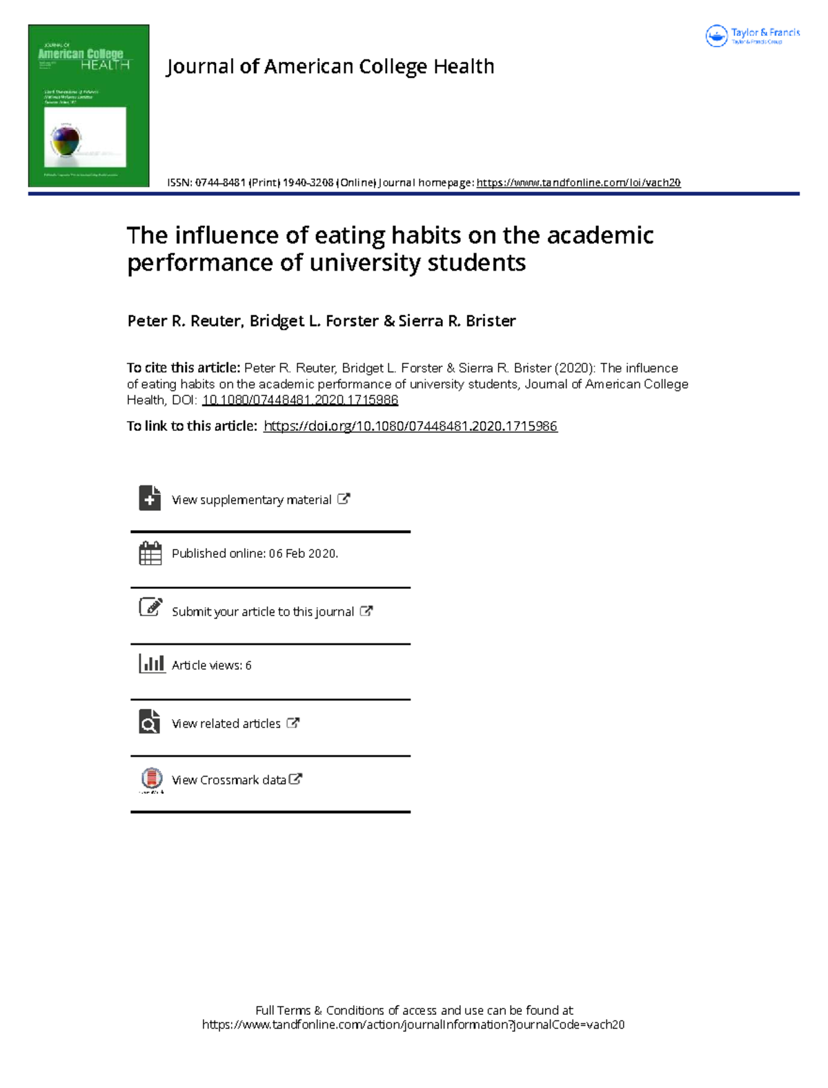 The Influence of Eating Habits on University Students' GPA - Studocu