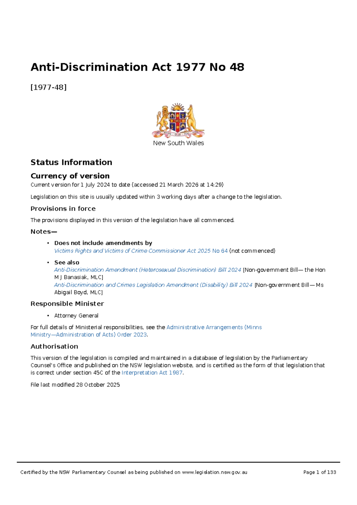 Anti-Discrimination Act 1977 No 48: Current Version as of July 2024 ...