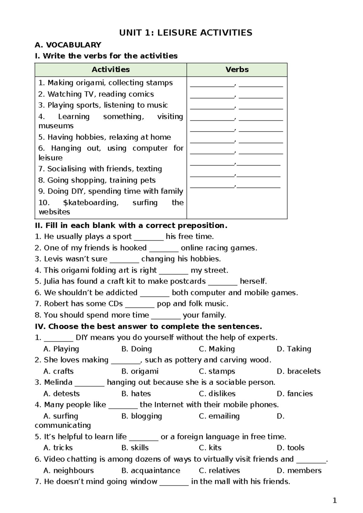 Unit 1: Leisure Activities Vocabulary & Grammar Exercises (GS8) - Studocu