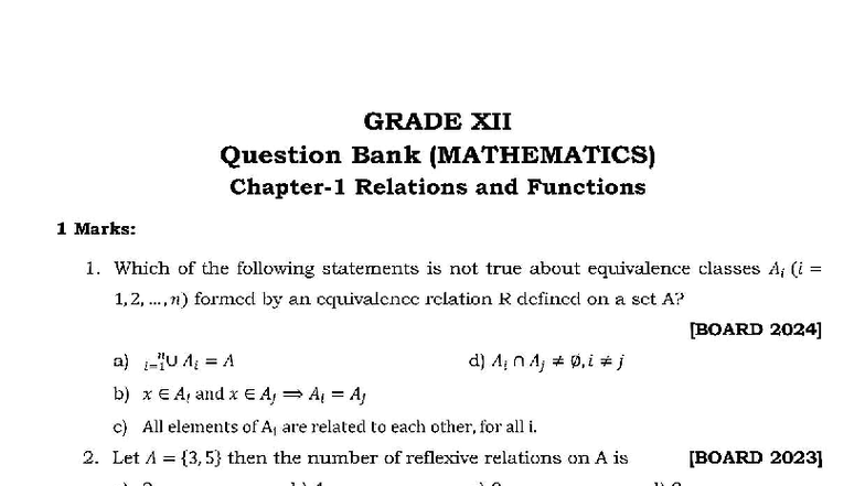 GRADE XII Question Bank (MATHEMATICS) Relations and Functions PYQs ...
