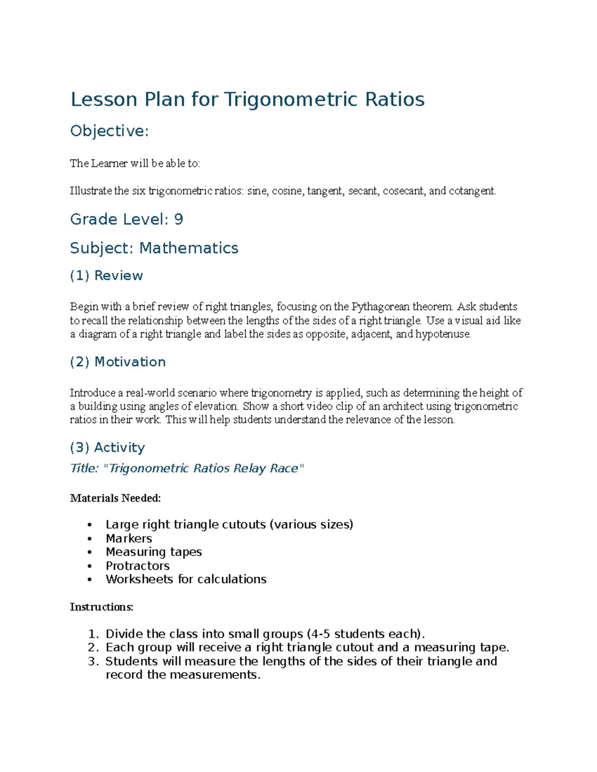 Lesson plan 1 - Lesson Plan for Trigonometric Ratios Objective: The ...