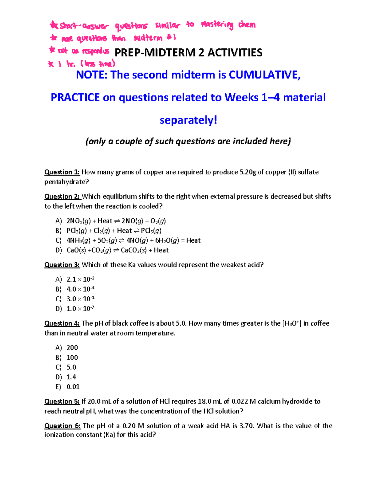 Prep-Midterm 2 Activities for Chemistry 101: Practice Questions - Studocu