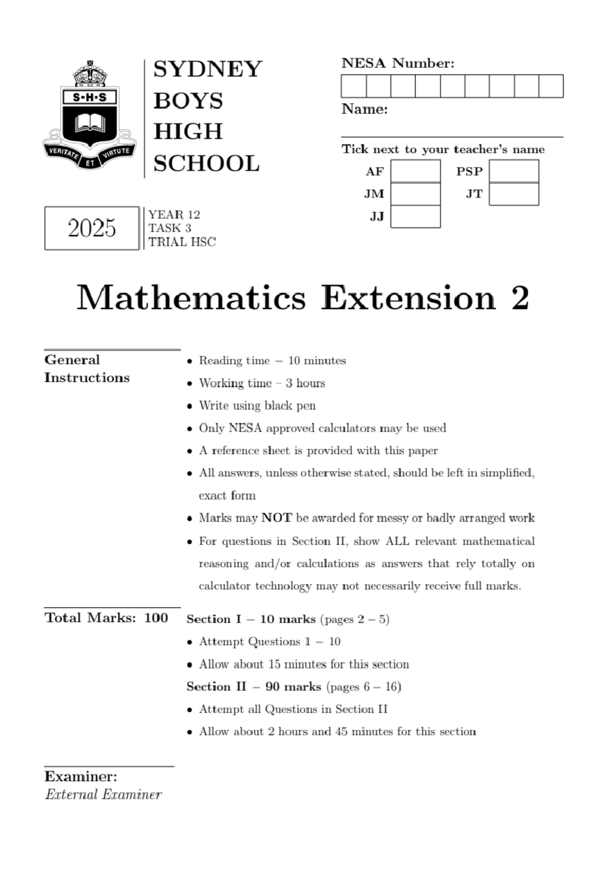 SYDNEY BOYS (4U) Year 12 HSC Mathematics Extension 2 Trial Exam 2025 ...