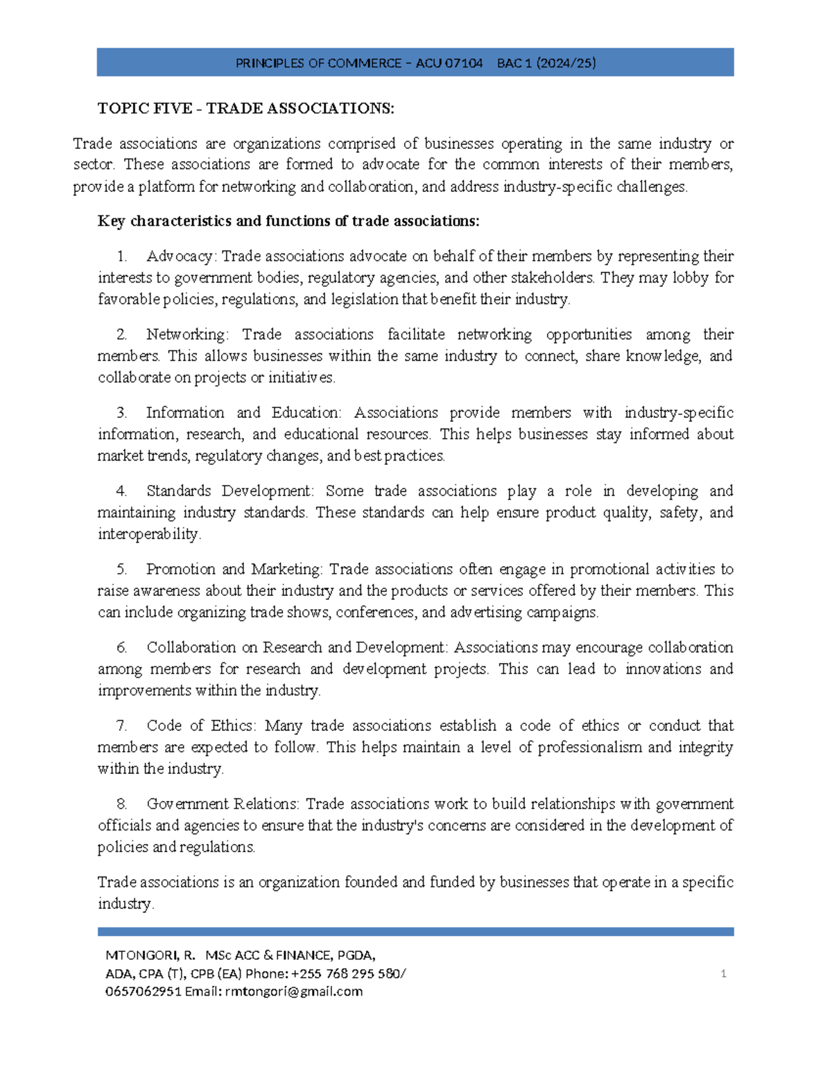 MSc ACC & FINANCE: Trade Associations Notes and Functions - Studocu