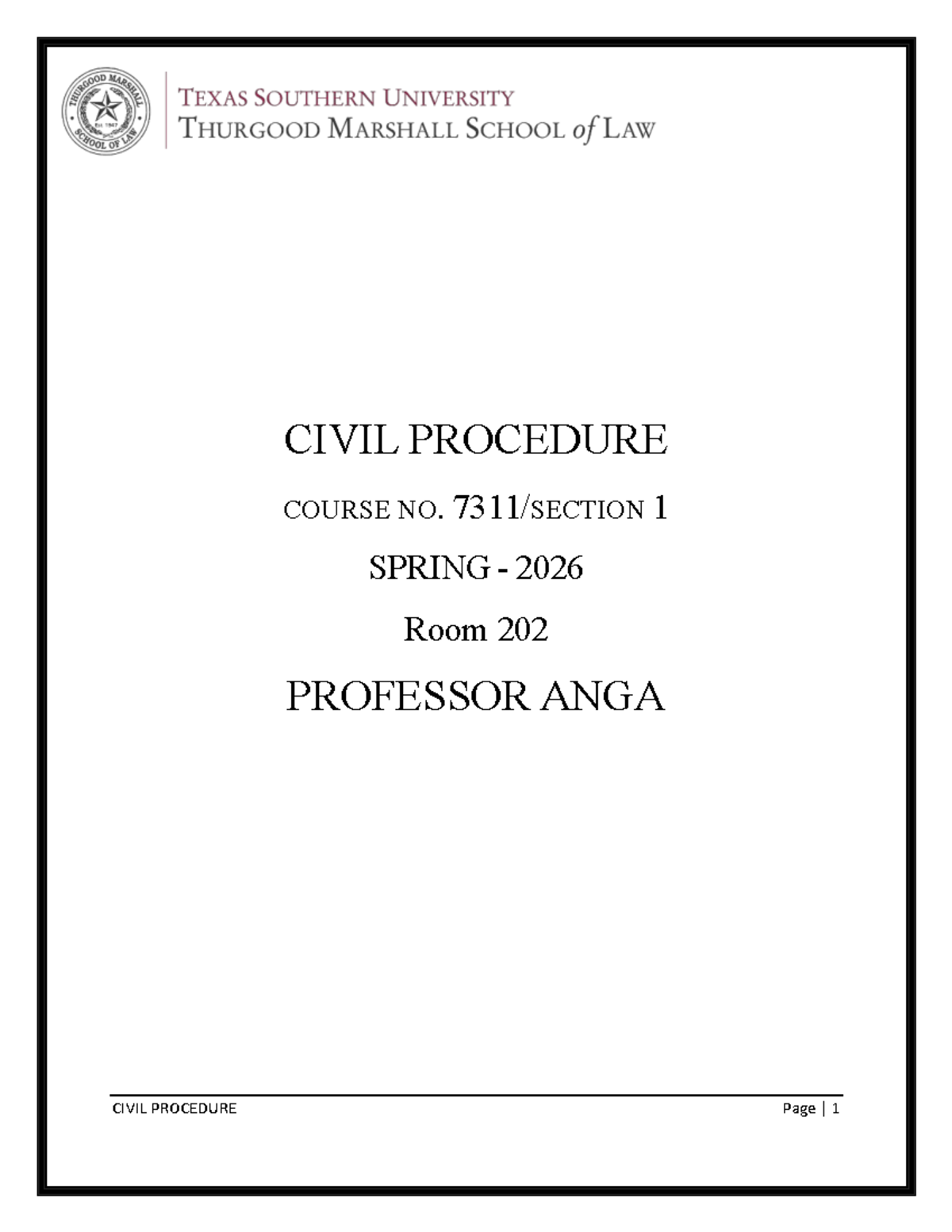 CIVIL PROCEDURE SYLLABUS (CIV PRO 1) SPRING 2026 - PROFESSOR ANGA - Studocu