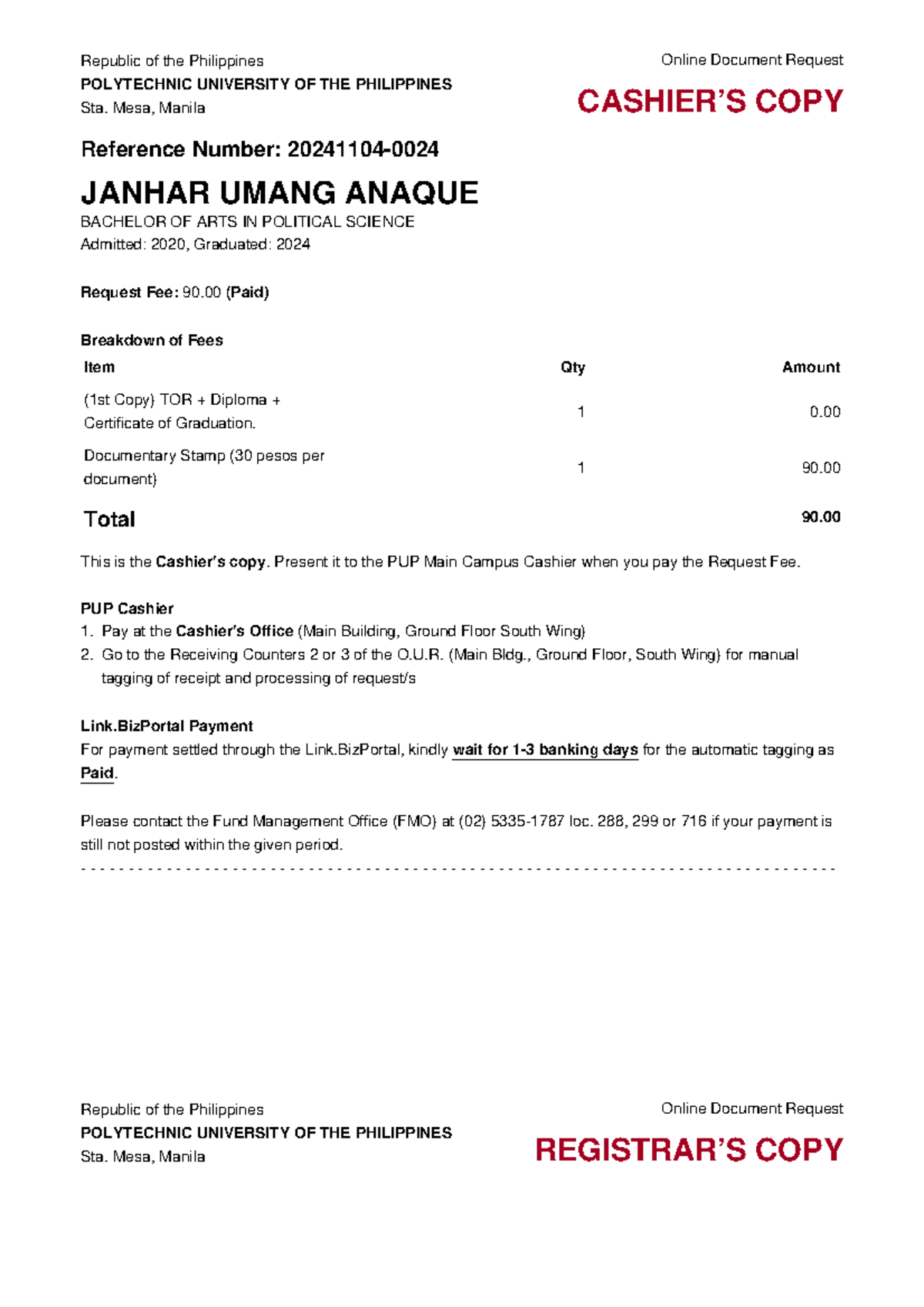 Payment Voucher-Claim Stub - Republic of the Philippines POLYTECHNIC ...