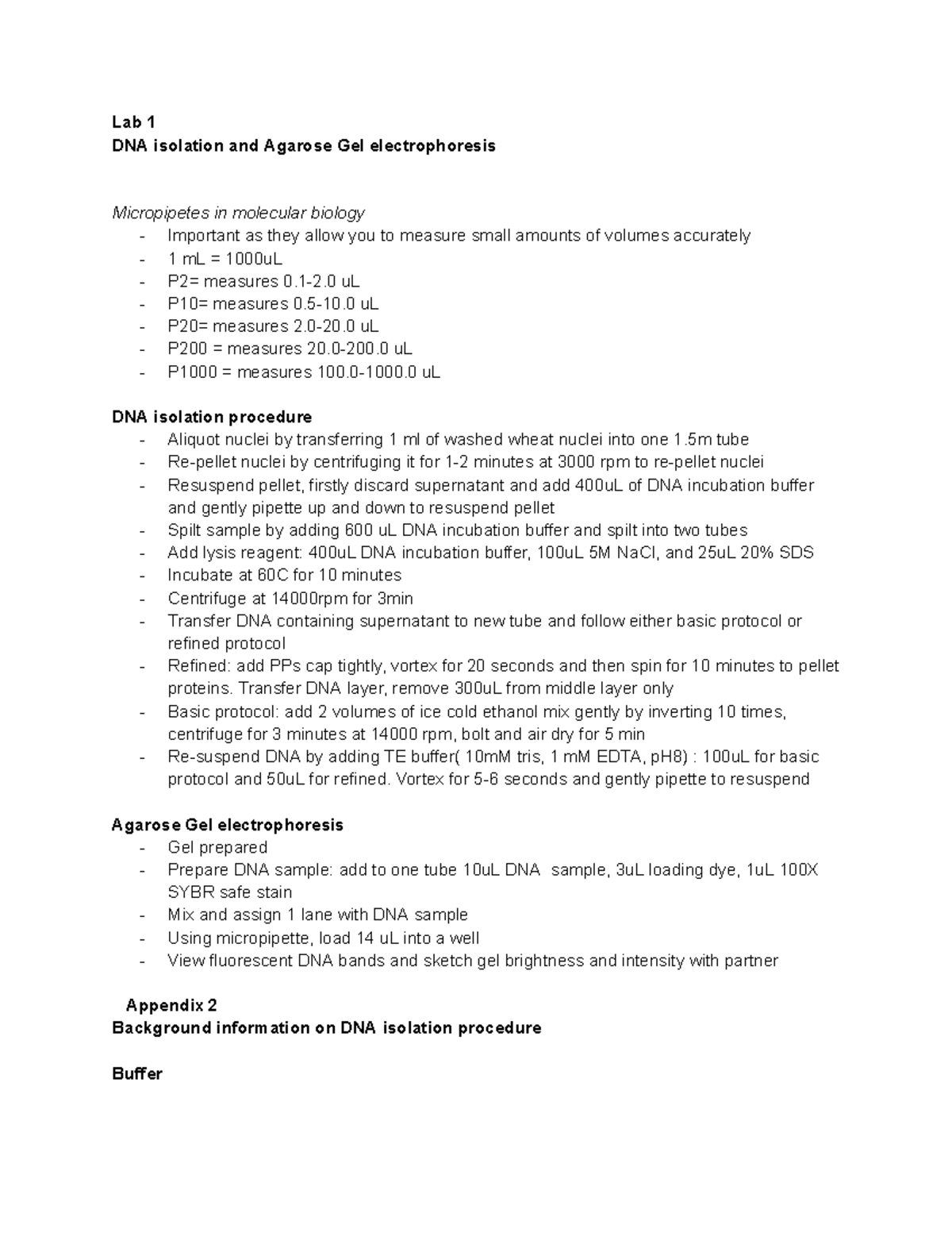 BIO130 LAB - DNA Isolation & Agarose Gel Electrophoresis Notes - Studocu