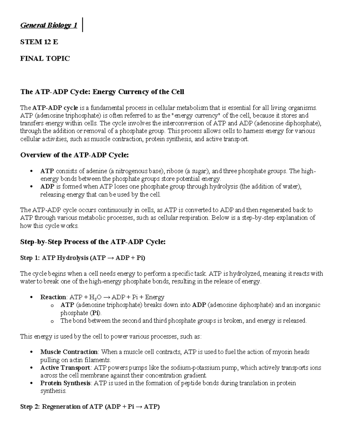 Final Exam Study Notes for General Biology 1: The ATP-ADP Cycle - Studocu
