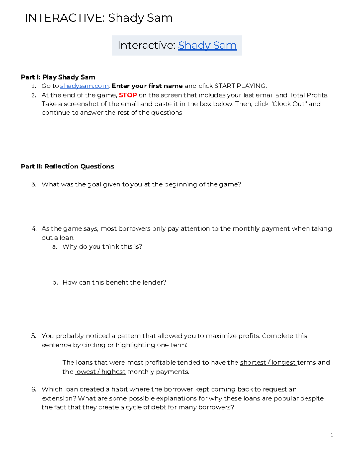 Interactive Shady Sam: Reflection Questions and Game Insights - Studocu