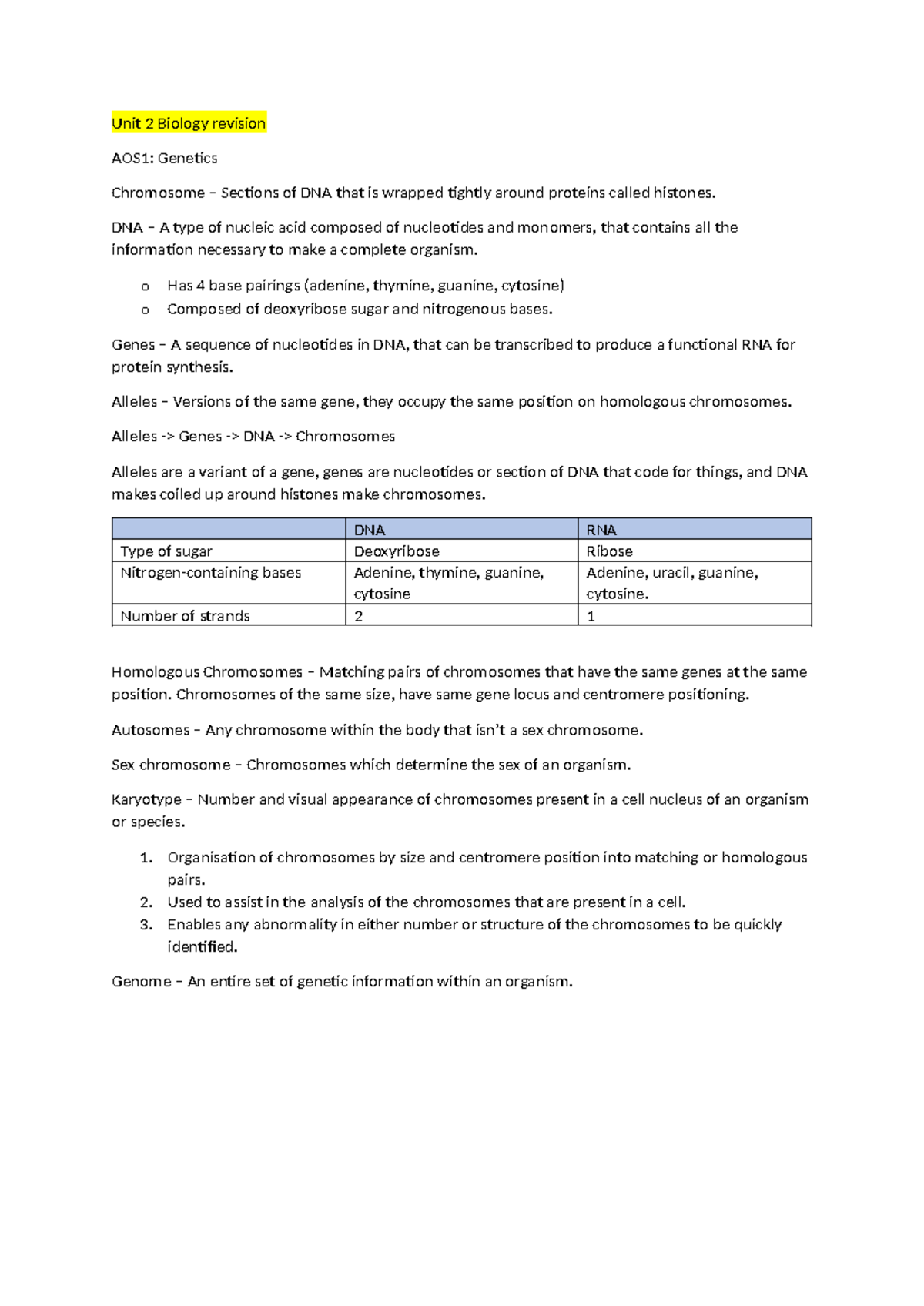 Unit 2 Biology VCE AOS1 Genetics Revision Notes - Studocu