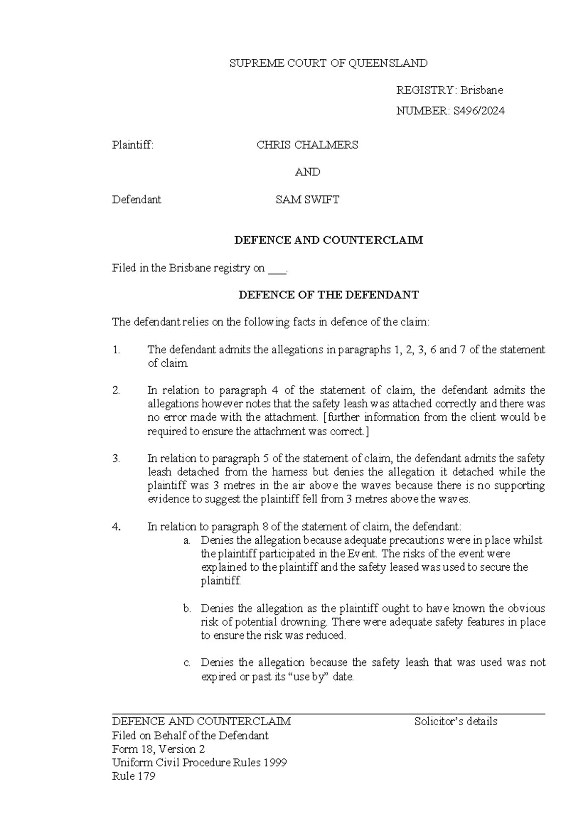 Form 18 Defence and counterclaim UCPR - SUPREME COURT OF QUEENSLAND ...