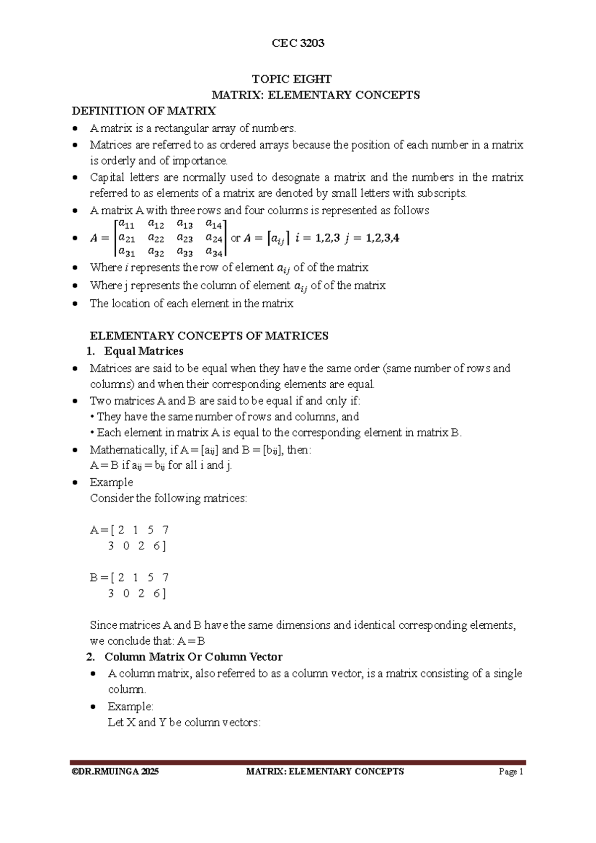 CEC 3203 Final Exam Notes: Matrix - Elementary Concepts - Studocu