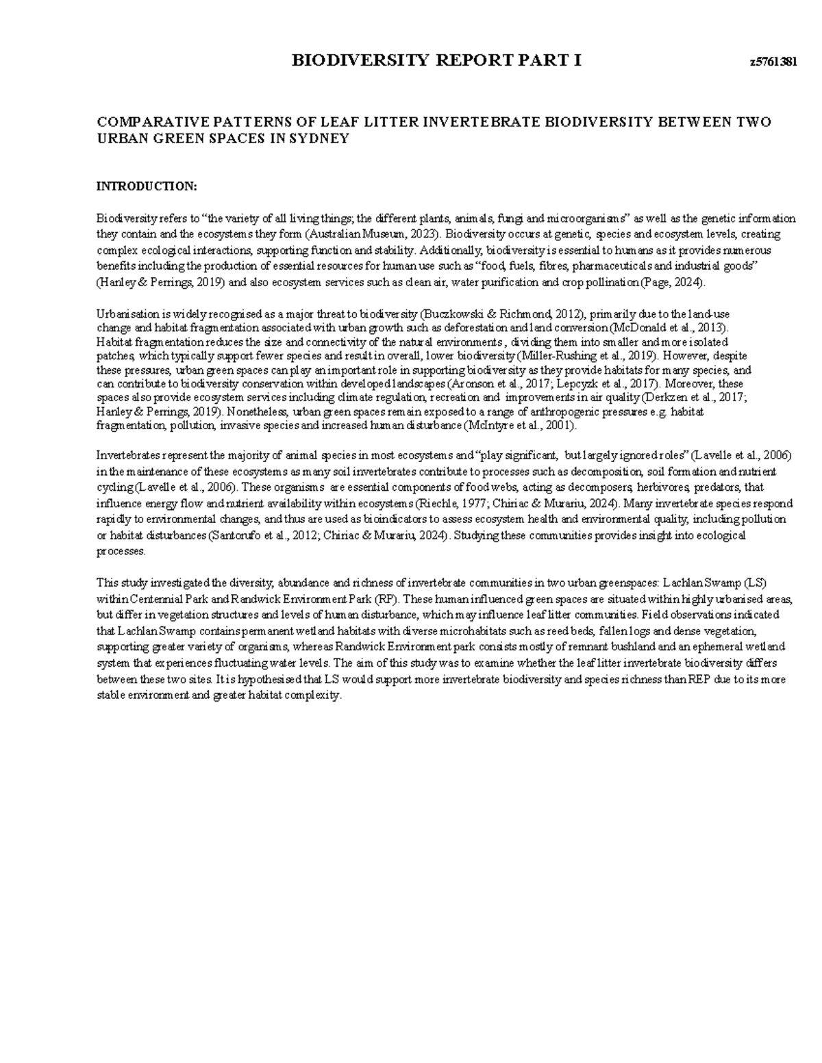 Biodiversity Report Part I: Invertebrate Patterns in Urban Greenspaces ...