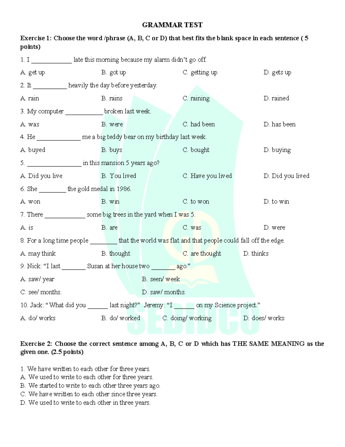 Grammar TEST UNIT 1: Exercises on Tenses and Sentence Structure - Studocu