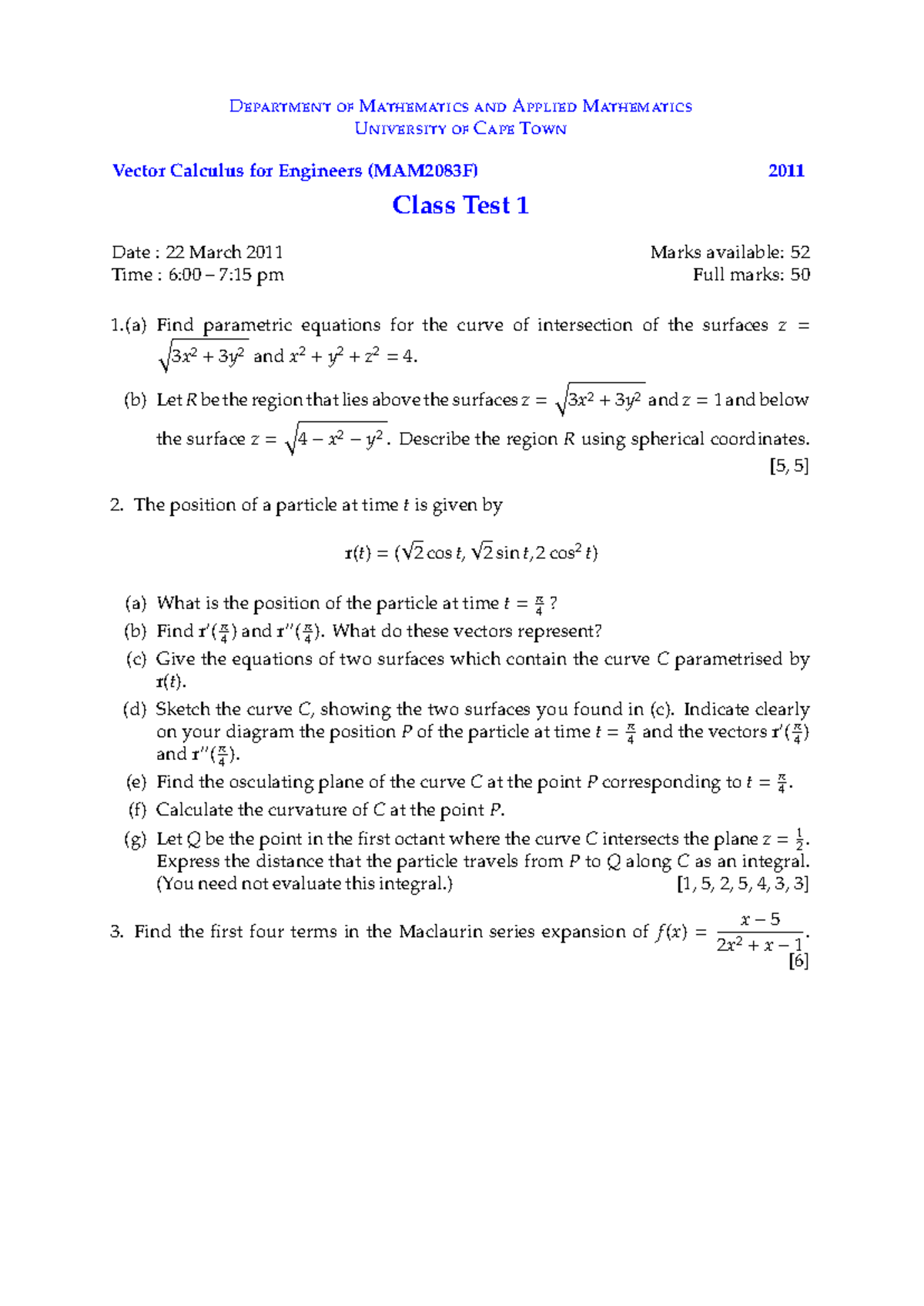 MAM2083F - Vector Calculus Class Test 1 - March 22, 2011 - Studocu