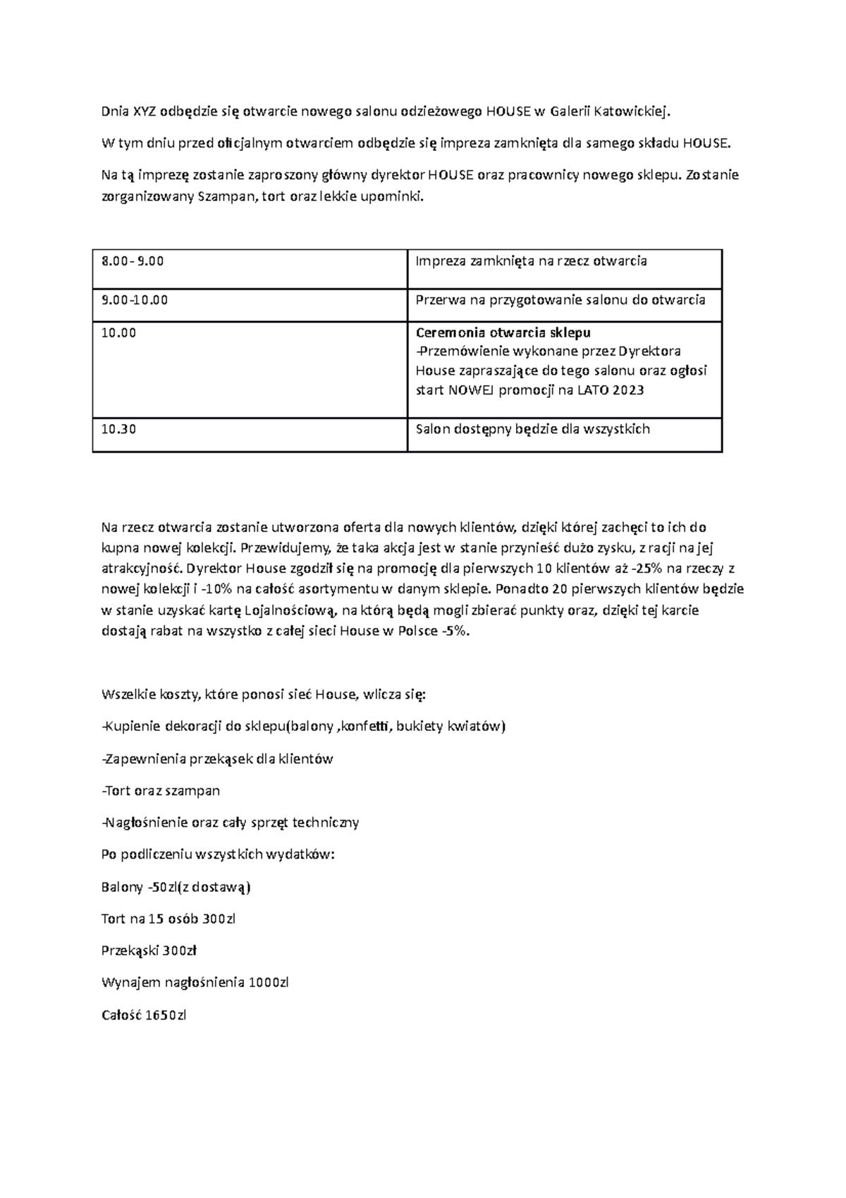 Plan operacyjny - Dnia XYZ odbędzie się otwarcie nowego salonu ...