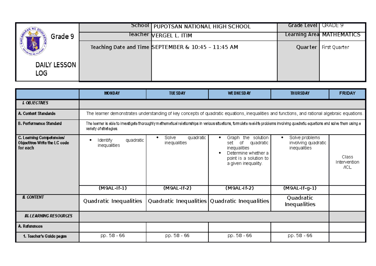 MATH 9 Lesson Plan for Week 8: Quadratic Inequalities Focus - Studocu