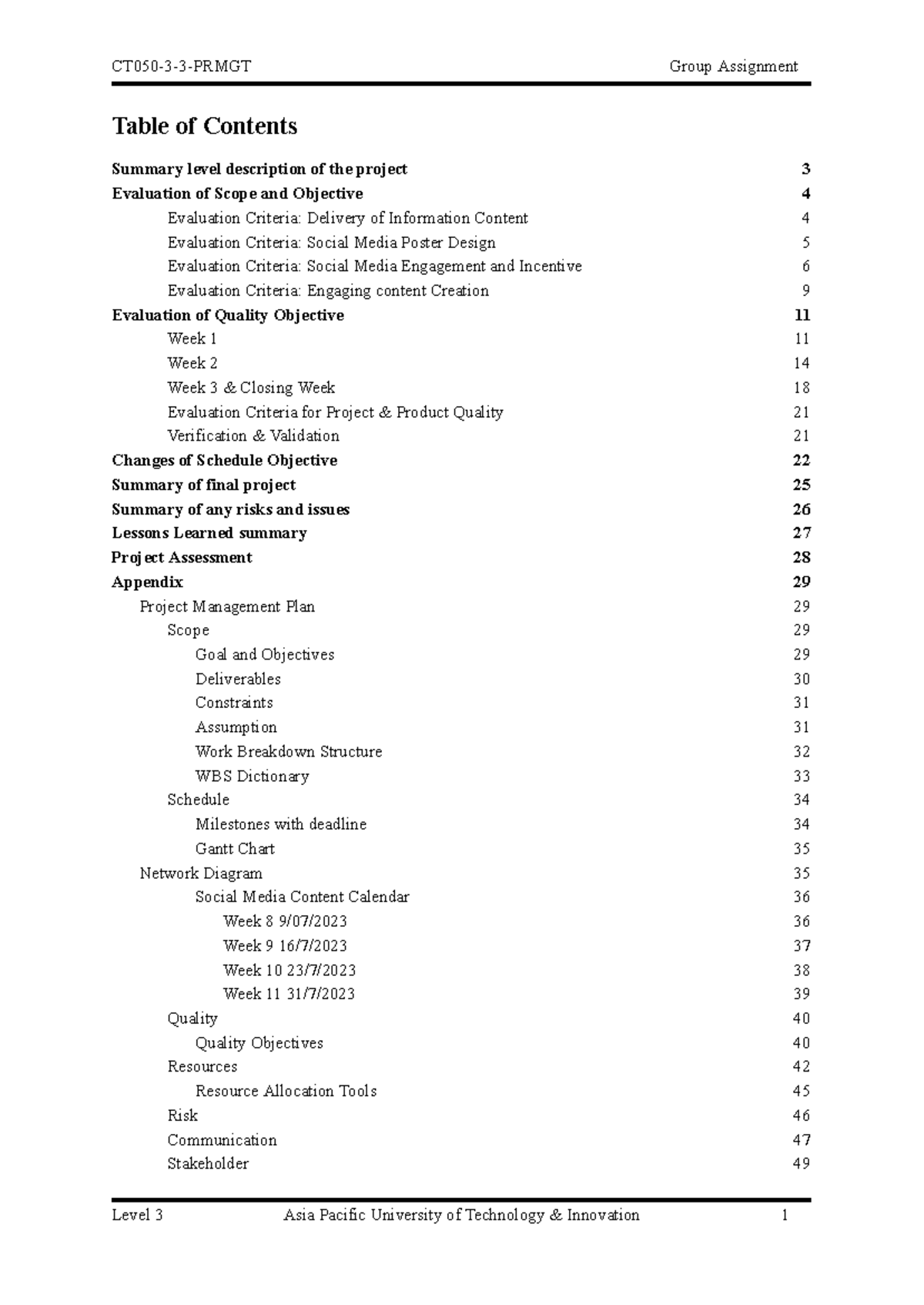 Project Management Final Report: Group Assignment Overview and ...