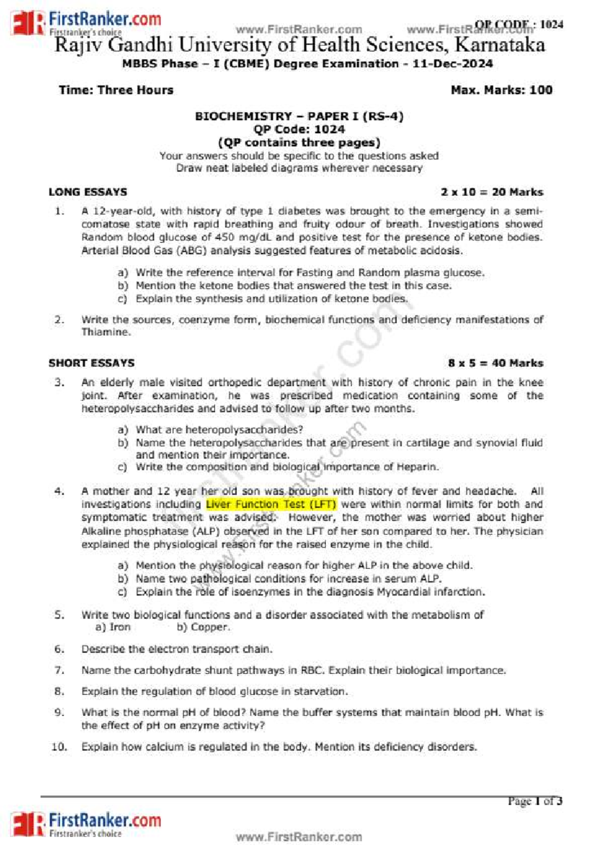 FR MBBS Phase I Biochemistry Paper I - December 2024 Exam QP 1024 - Studocu