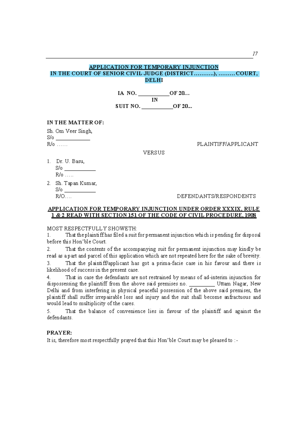 Appli for TI - jdskkdsjklcj - 17 APPLICATION FOR TEMPORARY INJUNCTION IN THE COURT OF SENIOR ...
