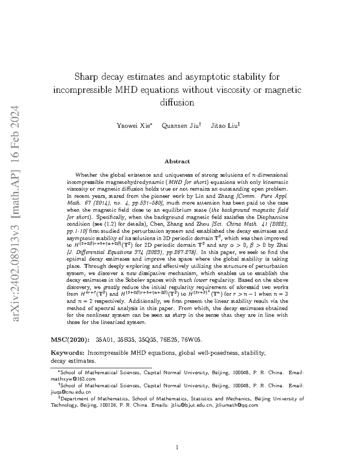 Sharp Decay Estimates and Stability for Incompressible MHD Equations ...