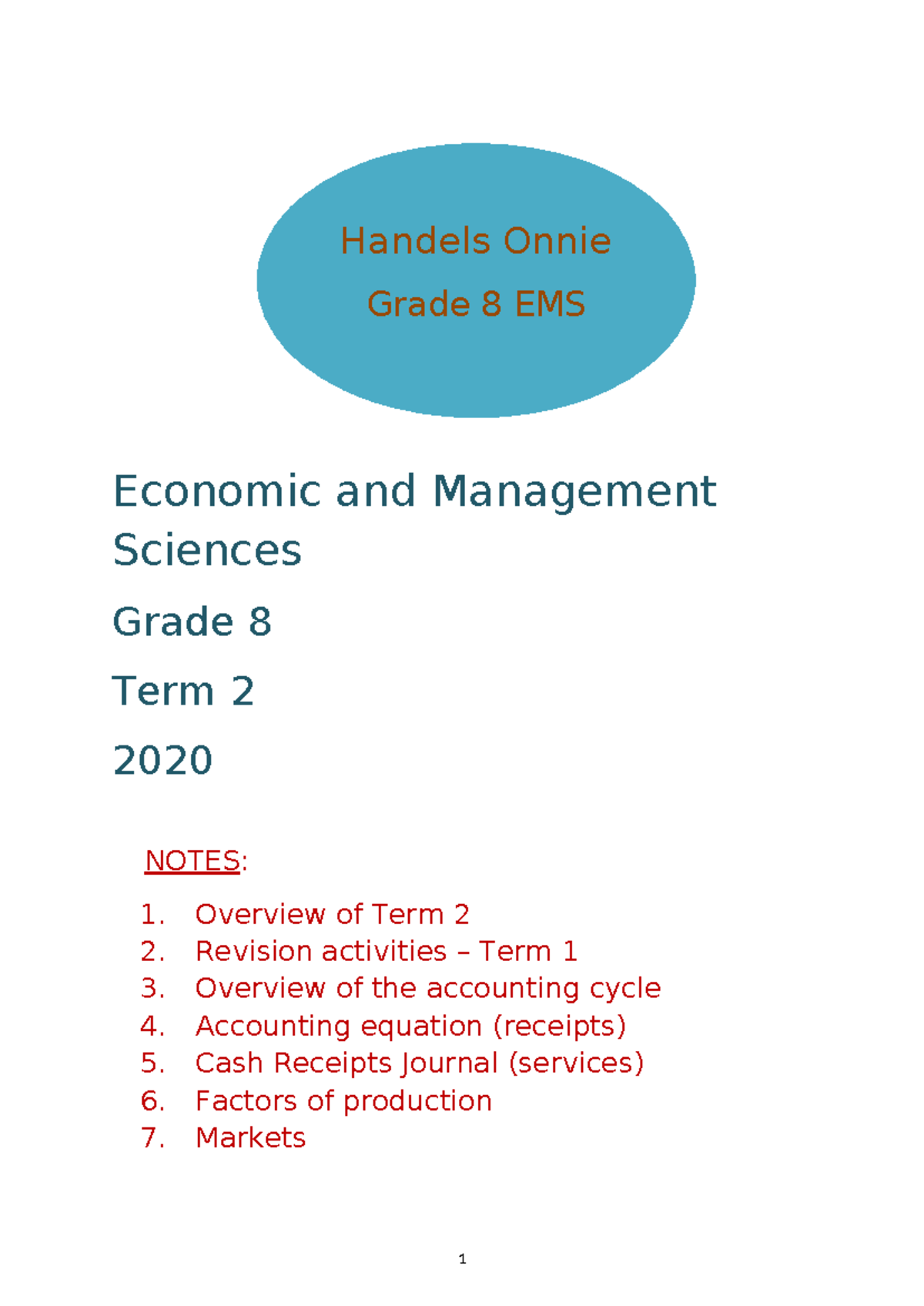 Grade 8 EMS Term 2 Notes - Overview of Accounting Concepts 2020 - Studocu