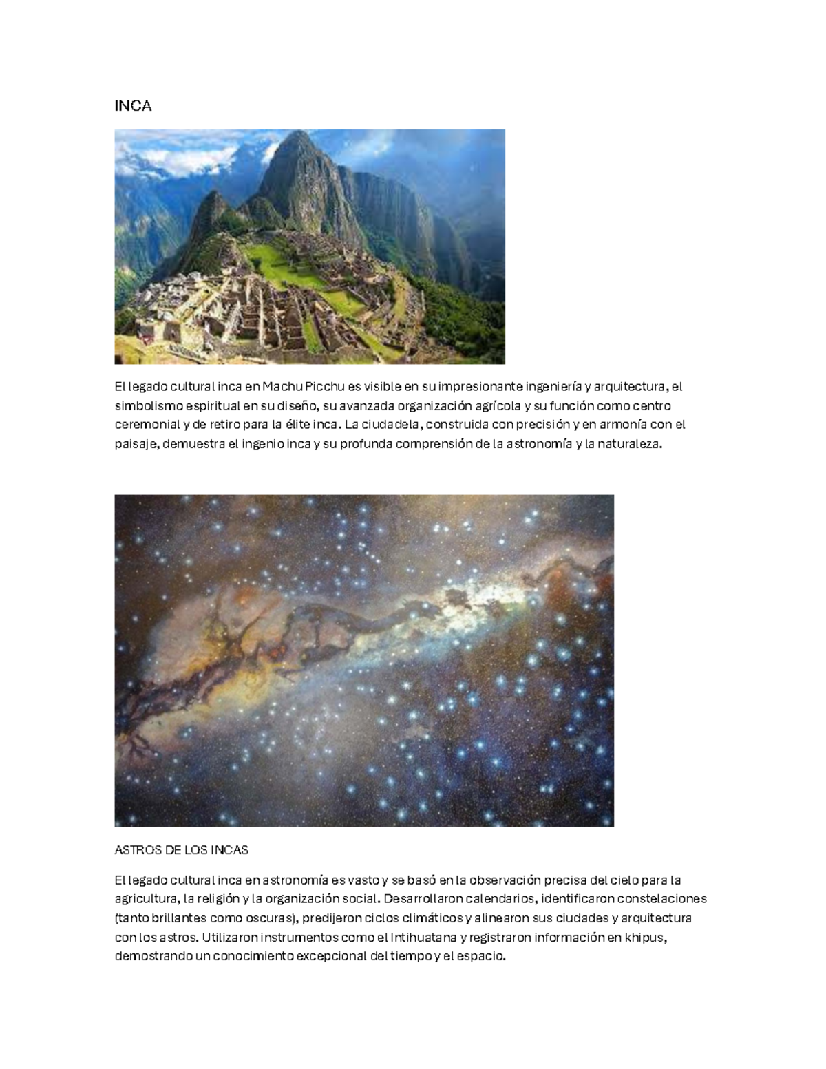 INCA - Resumen del Legado Cultural y Científico de los Incas - Studocu